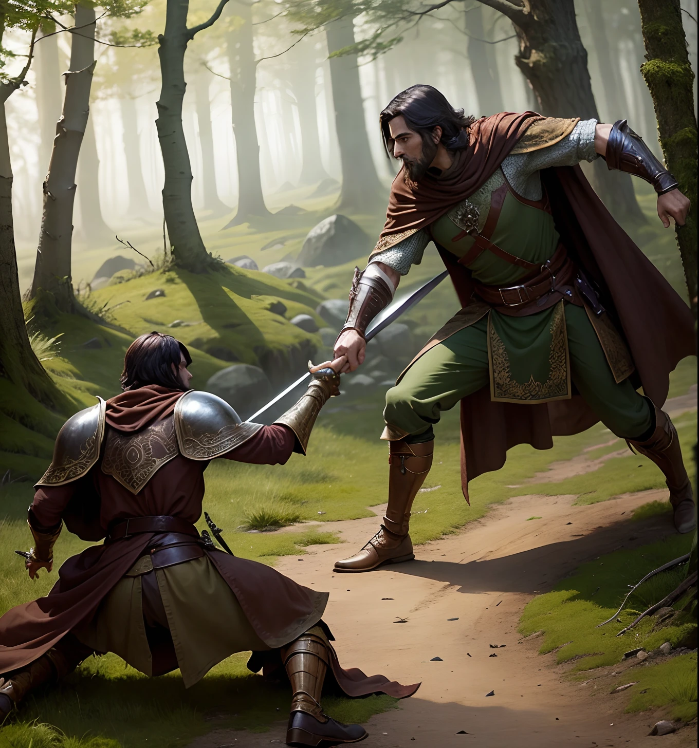 Two men in medieval clothing are fighting in a forest - SeaArt AI