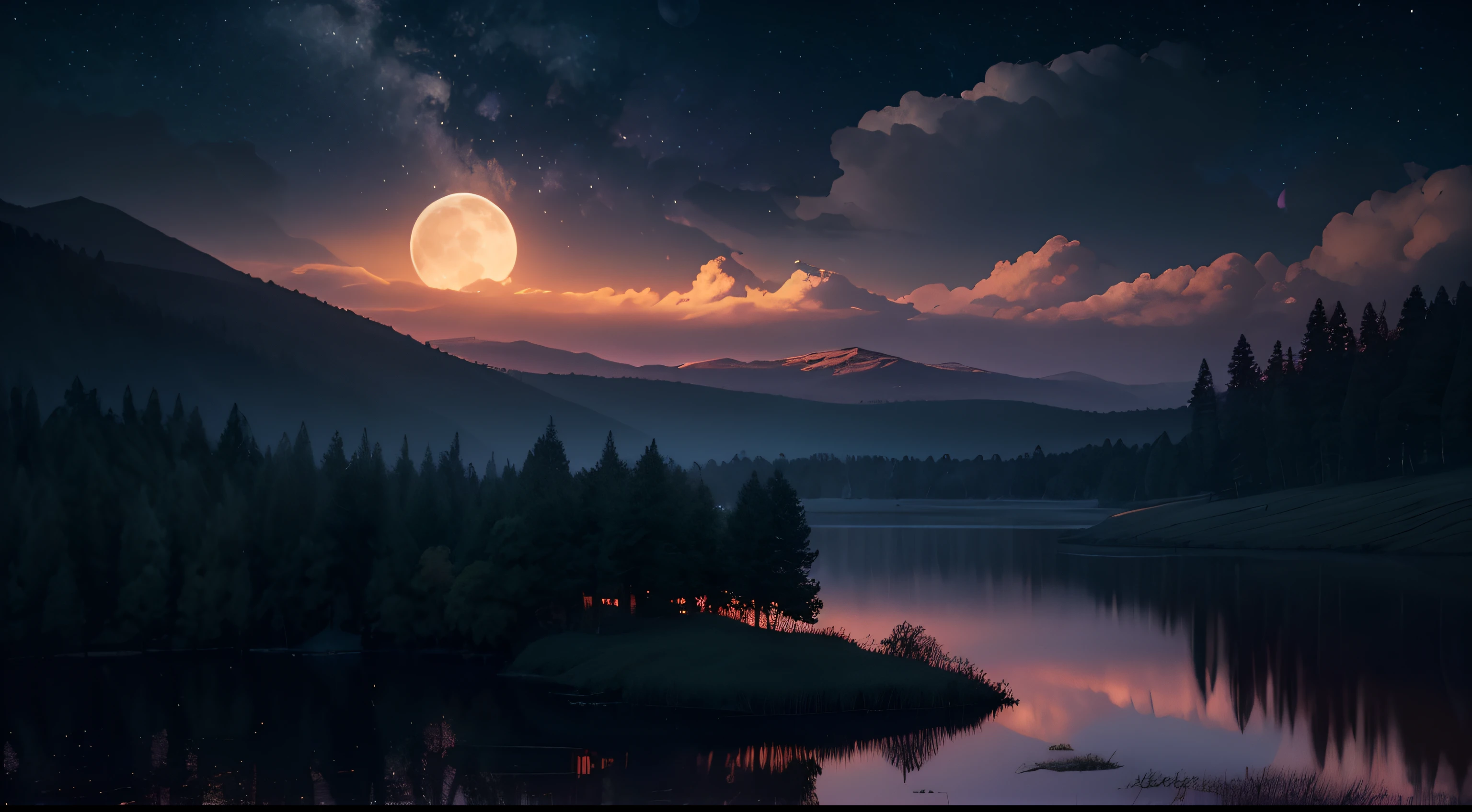 A view of a full moon rising over a mountain range - SeaArt AI
