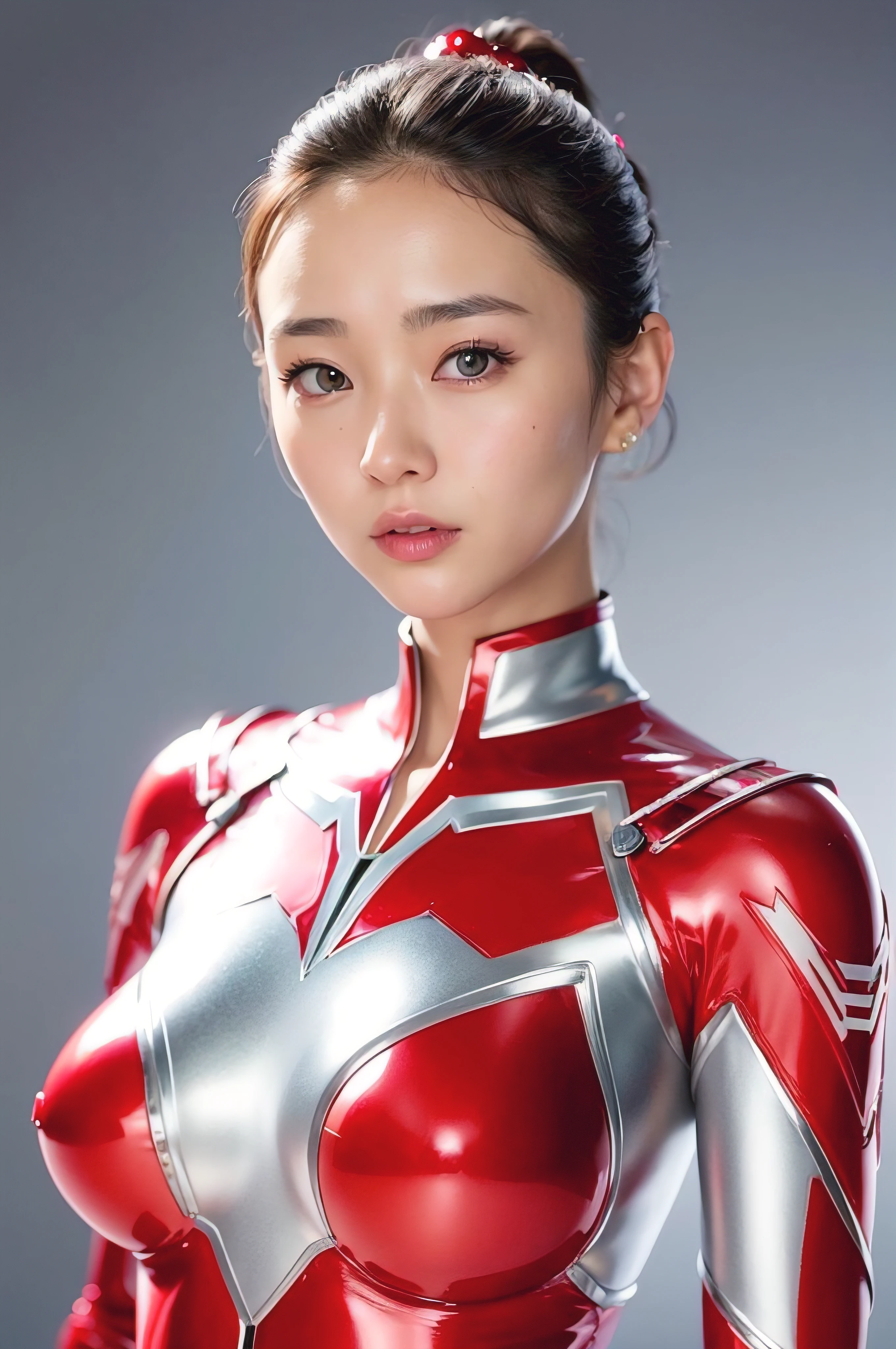 A woman in a red and silver suit posing for a picture - SeaArt AI