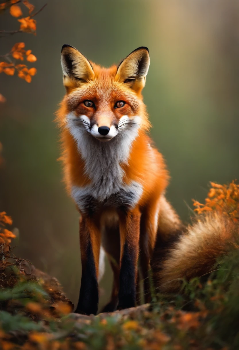 A close up of a fox standing in the woods with leaves - SeaArt AI