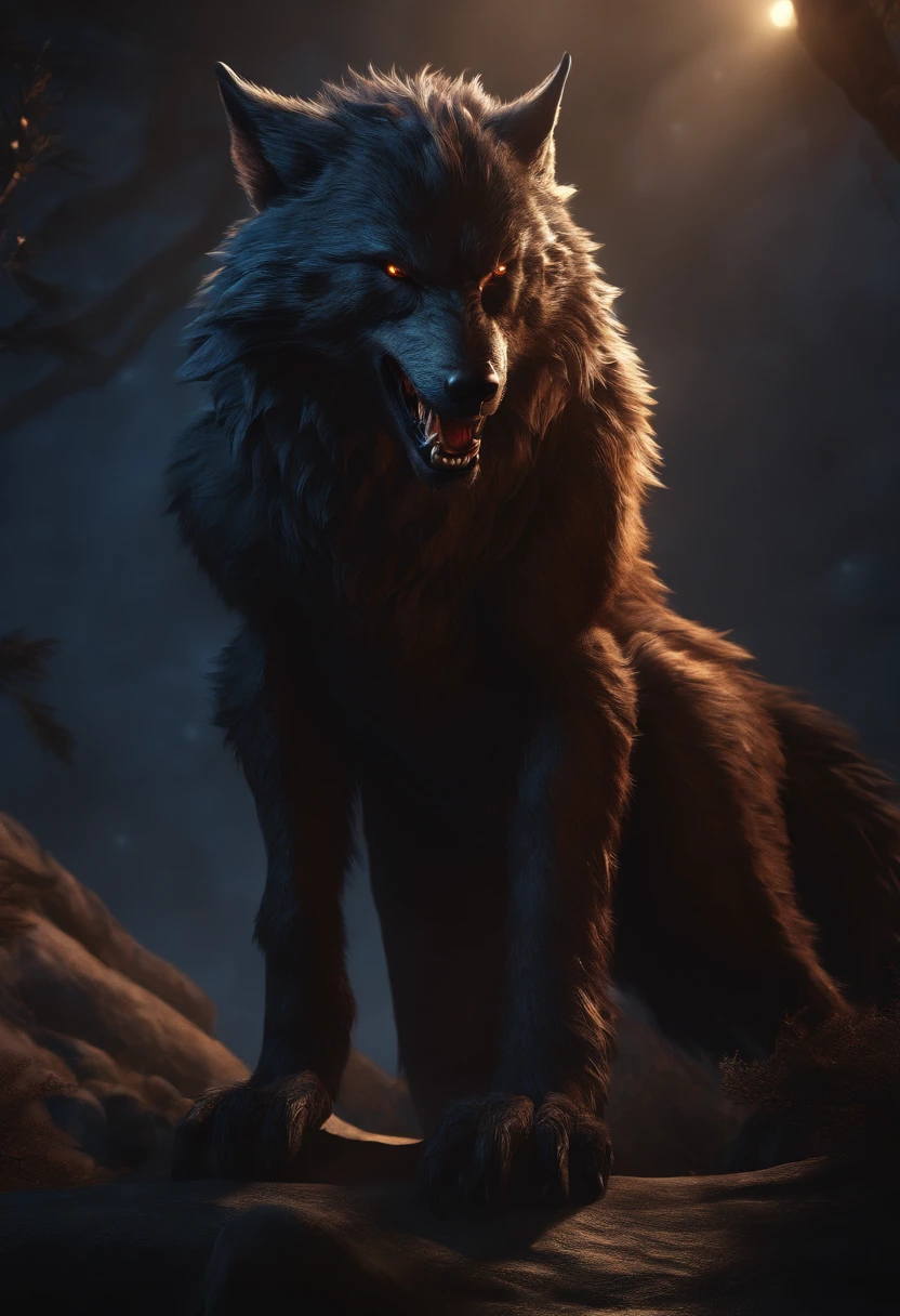 A close up of a wolf standing on a rock in the dark - SeaArt AI