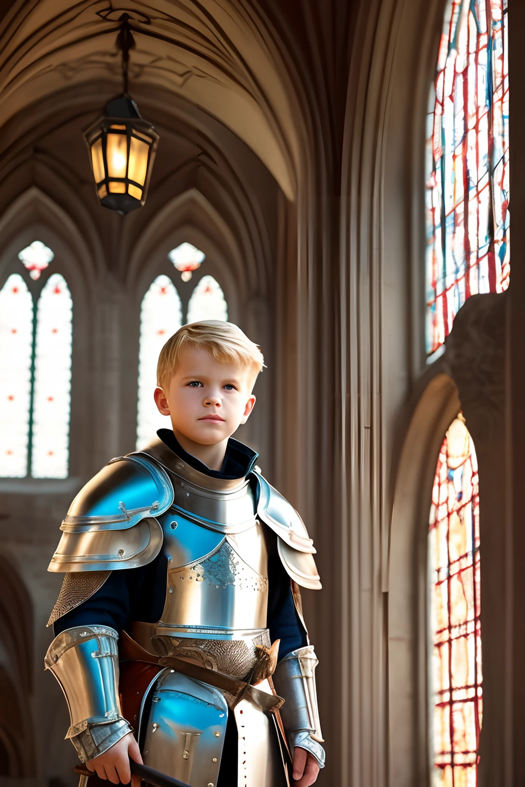 Arafed boy in armor standing in a church with stained glass windows ...