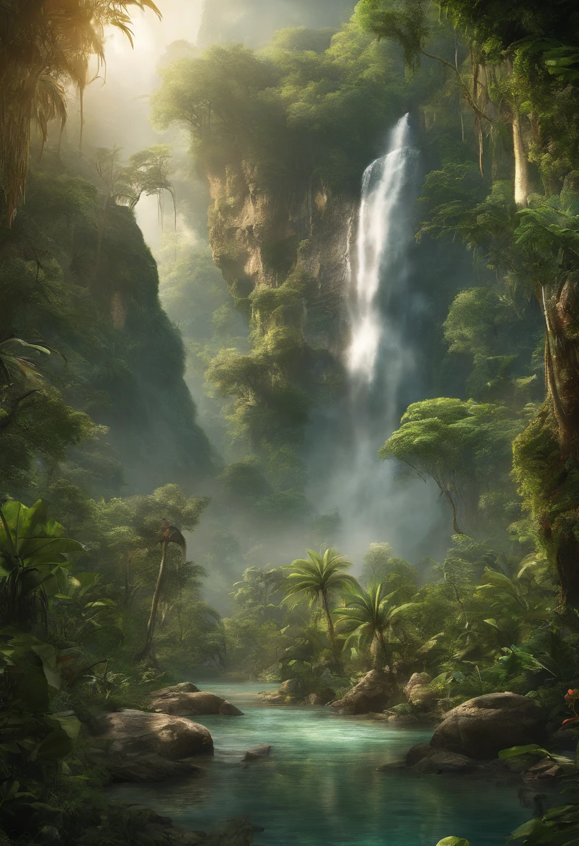 A painting of a waterfall in a jungle with trees and rocks - SeaArt AI