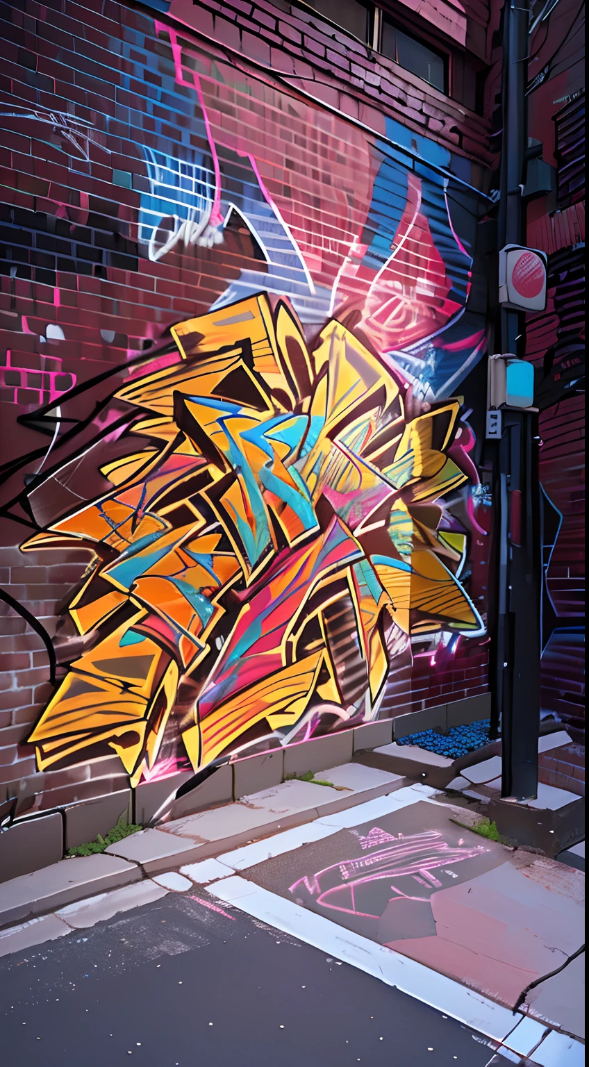 Graffiti on a brick wall in a city with a street light - SeaArt AI