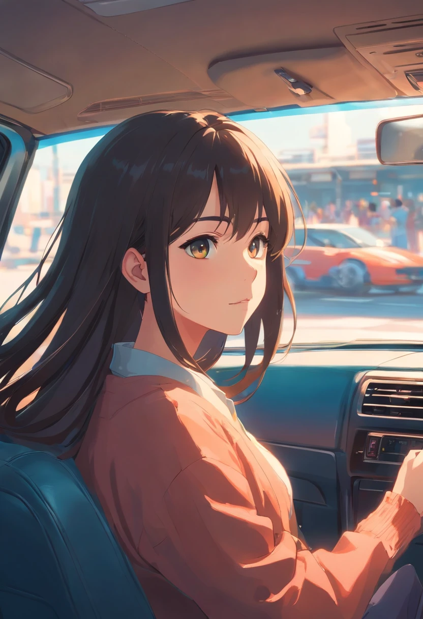 Anime girl driving a car with a city view in the background - SeaArt AI