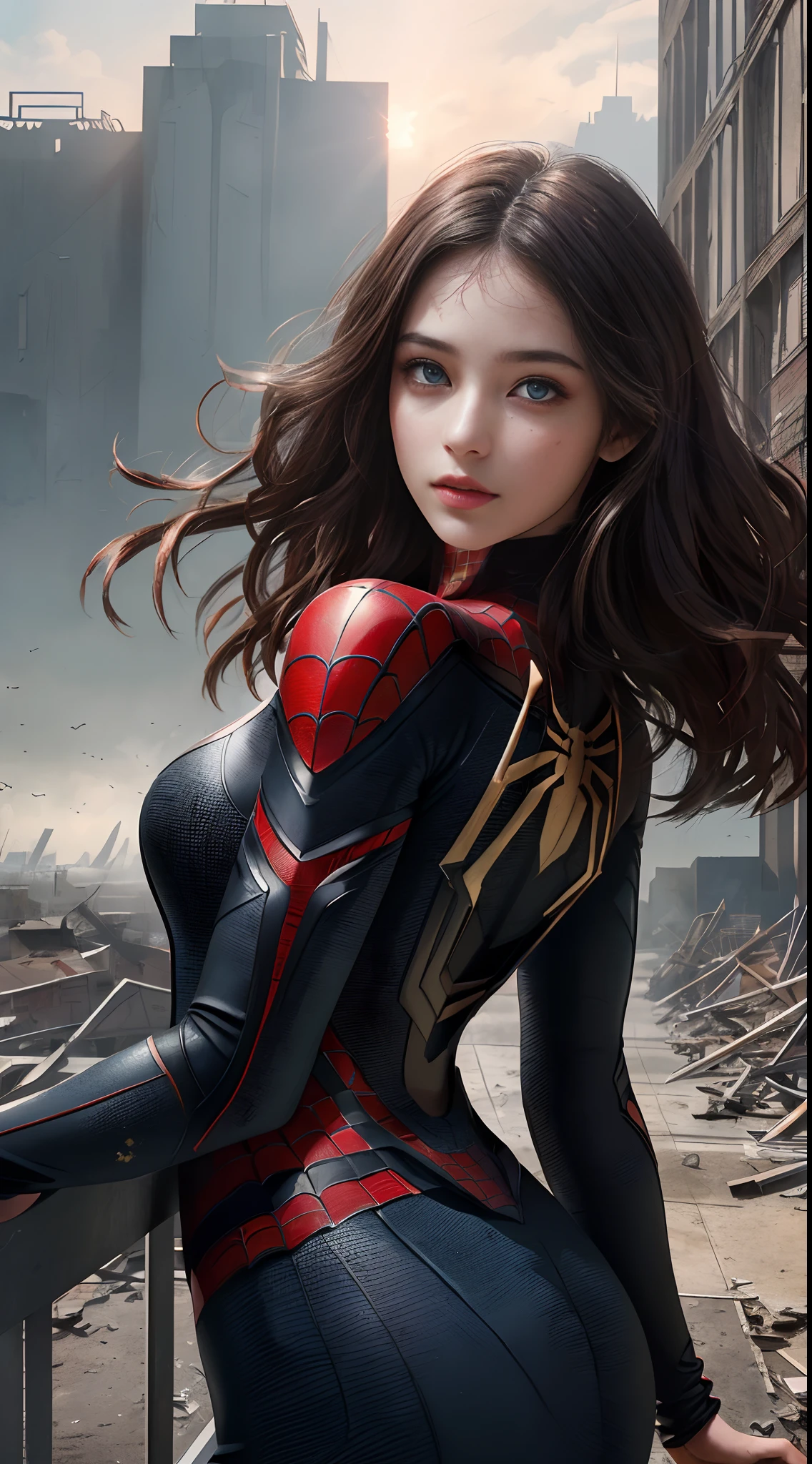 A woman in a spider - man suit standing on a ledge - SeaArt AI