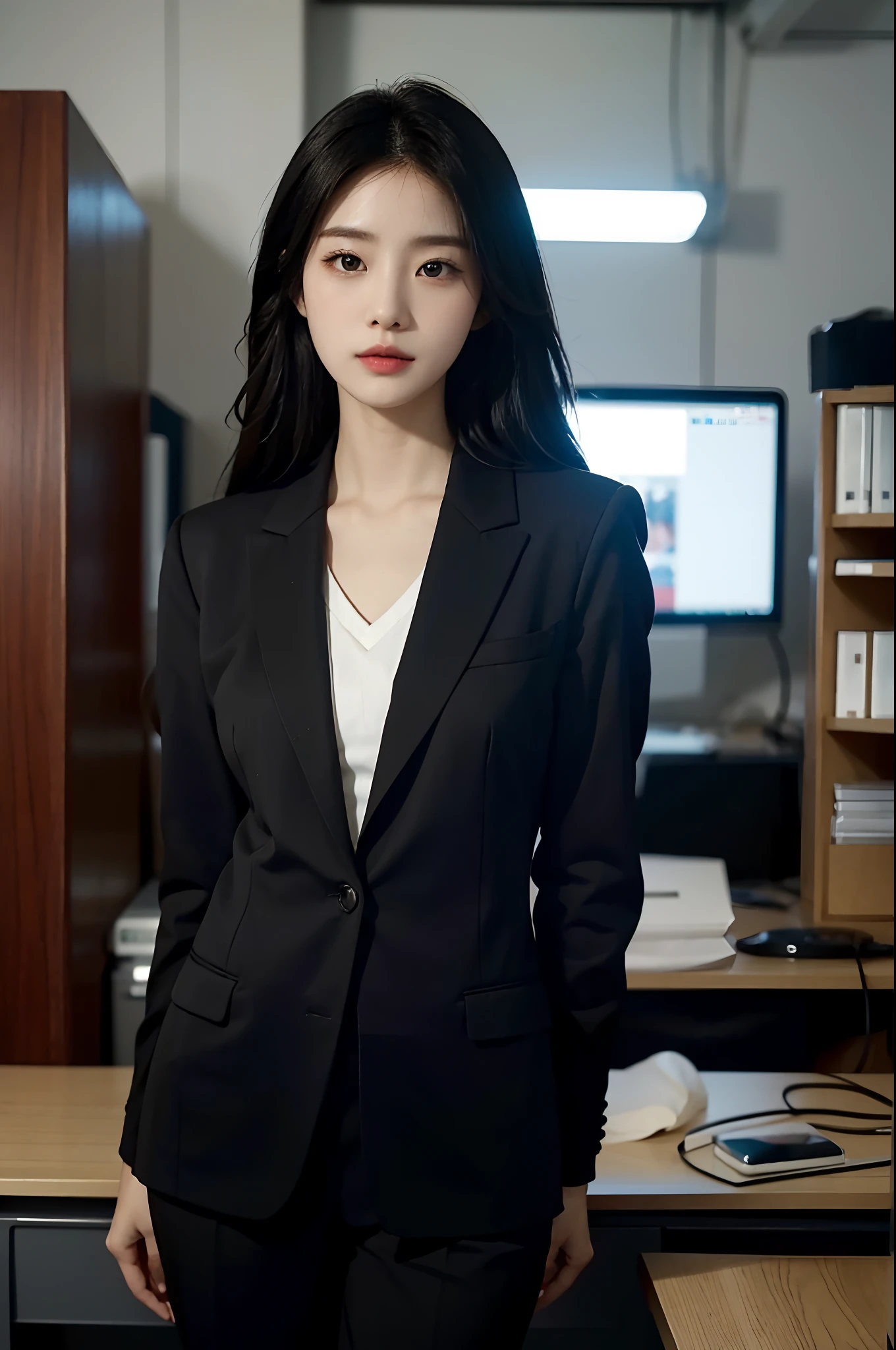 Arafed woman in a black suit standing in an office - SeaArt AI