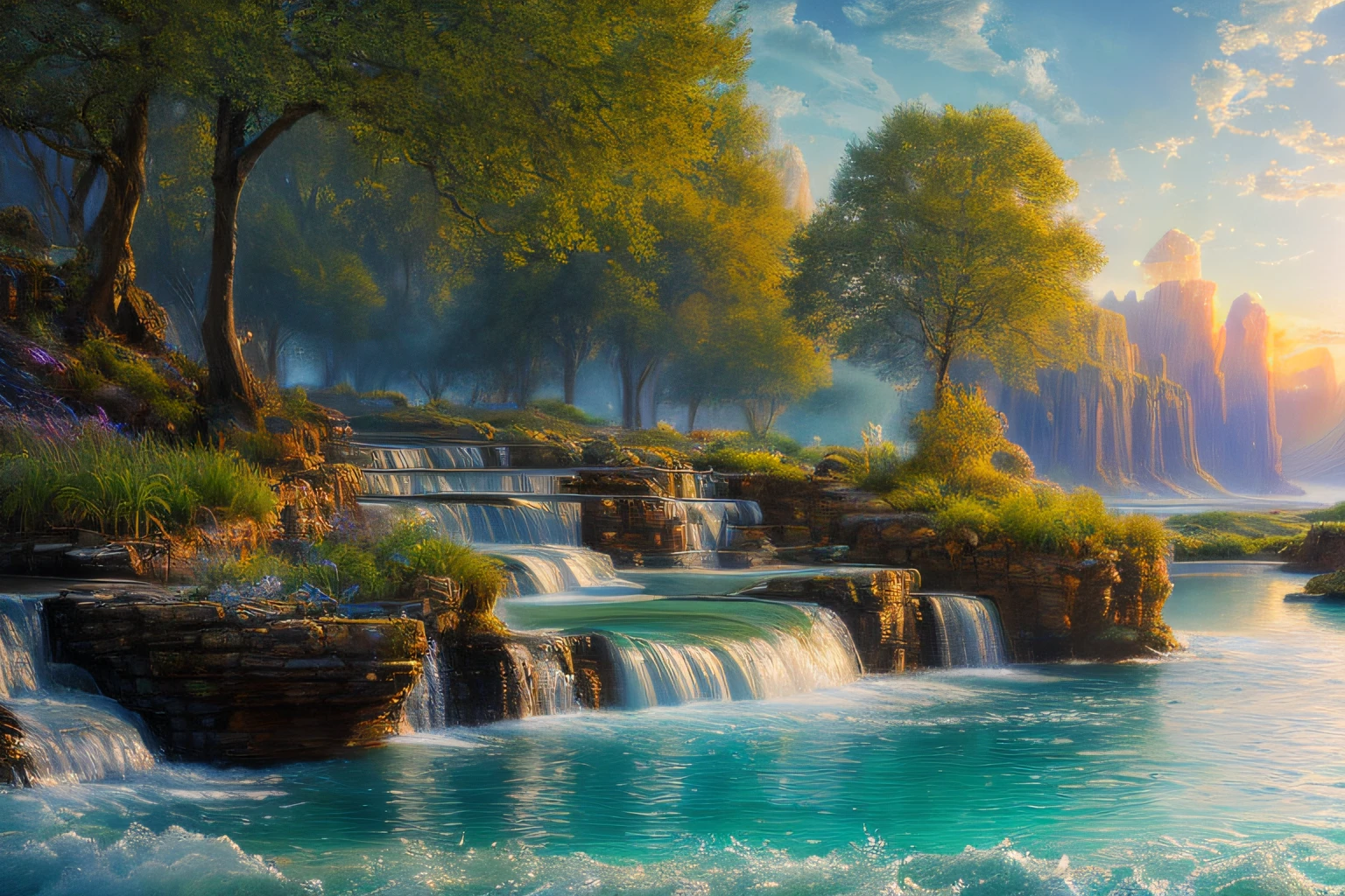 Painting of a waterfall in a forest with a sunset in the background ...