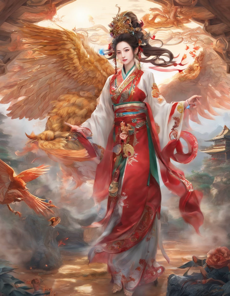 A painting of a woman in a red and white dress with a bird - SeaArt AI