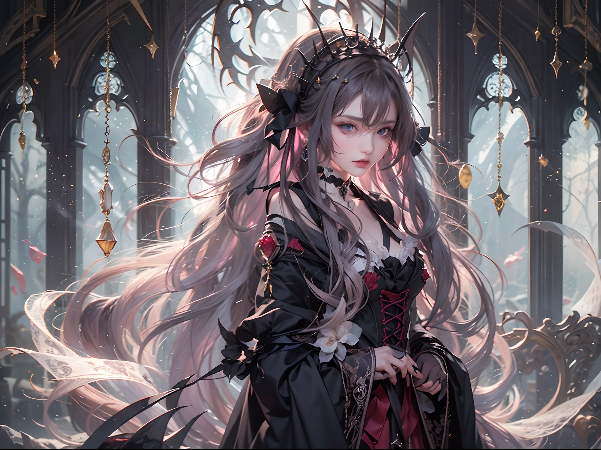 Anime girl with long hair and a crown in a gothic setting - SeaArt AI