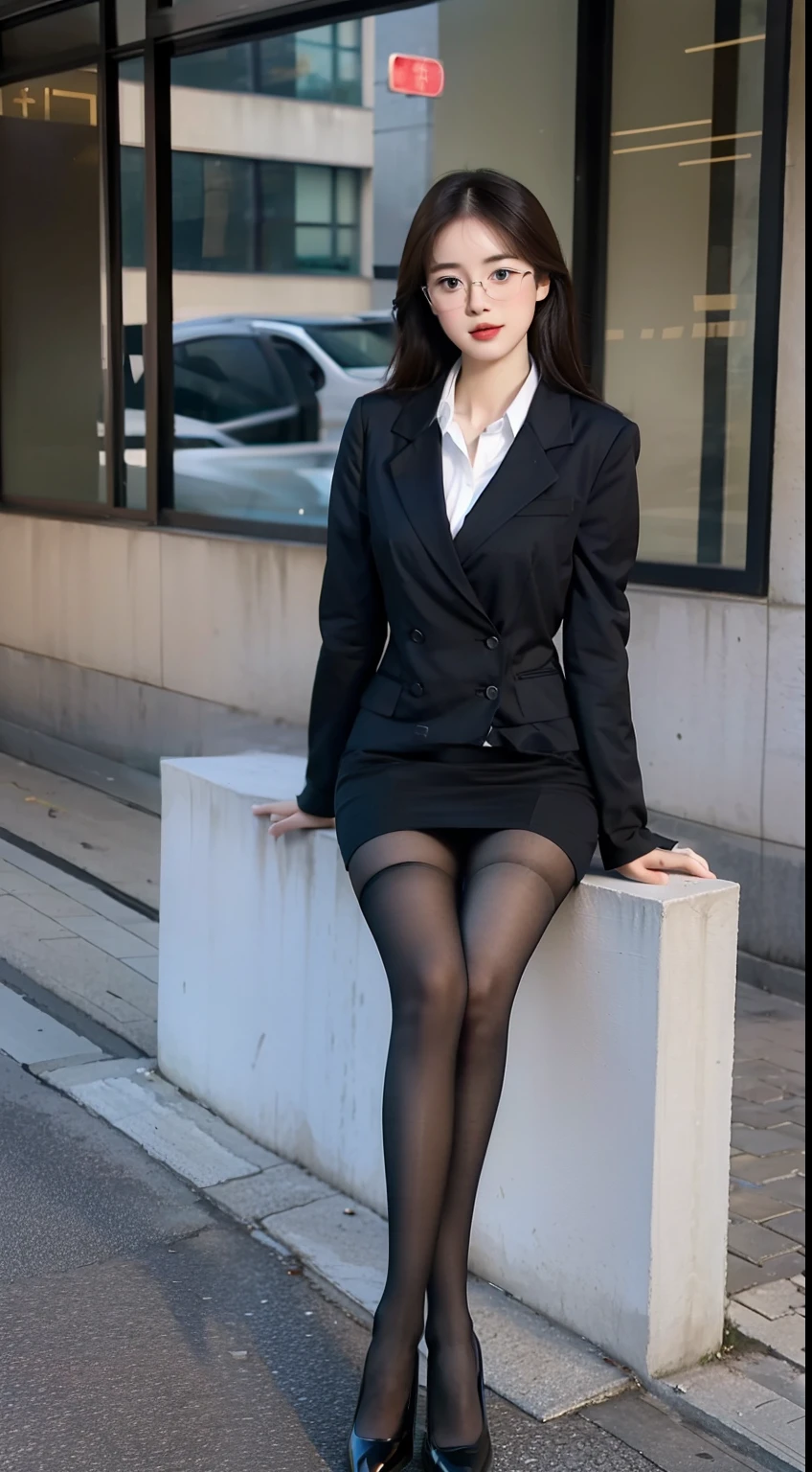 Arafed asian woman in a black suit and black stockings sitting on a ...