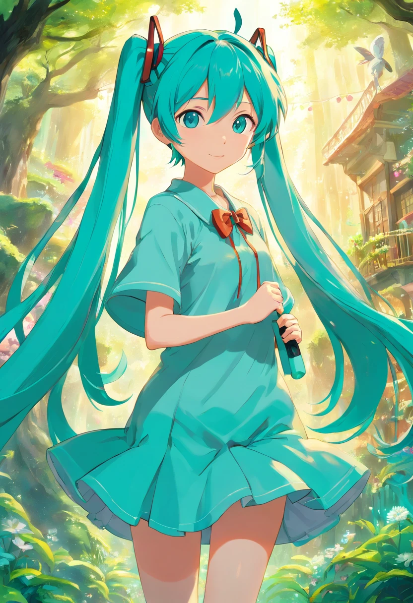 A girl with long blue hair and a bow in a forest - SeaArt AI
