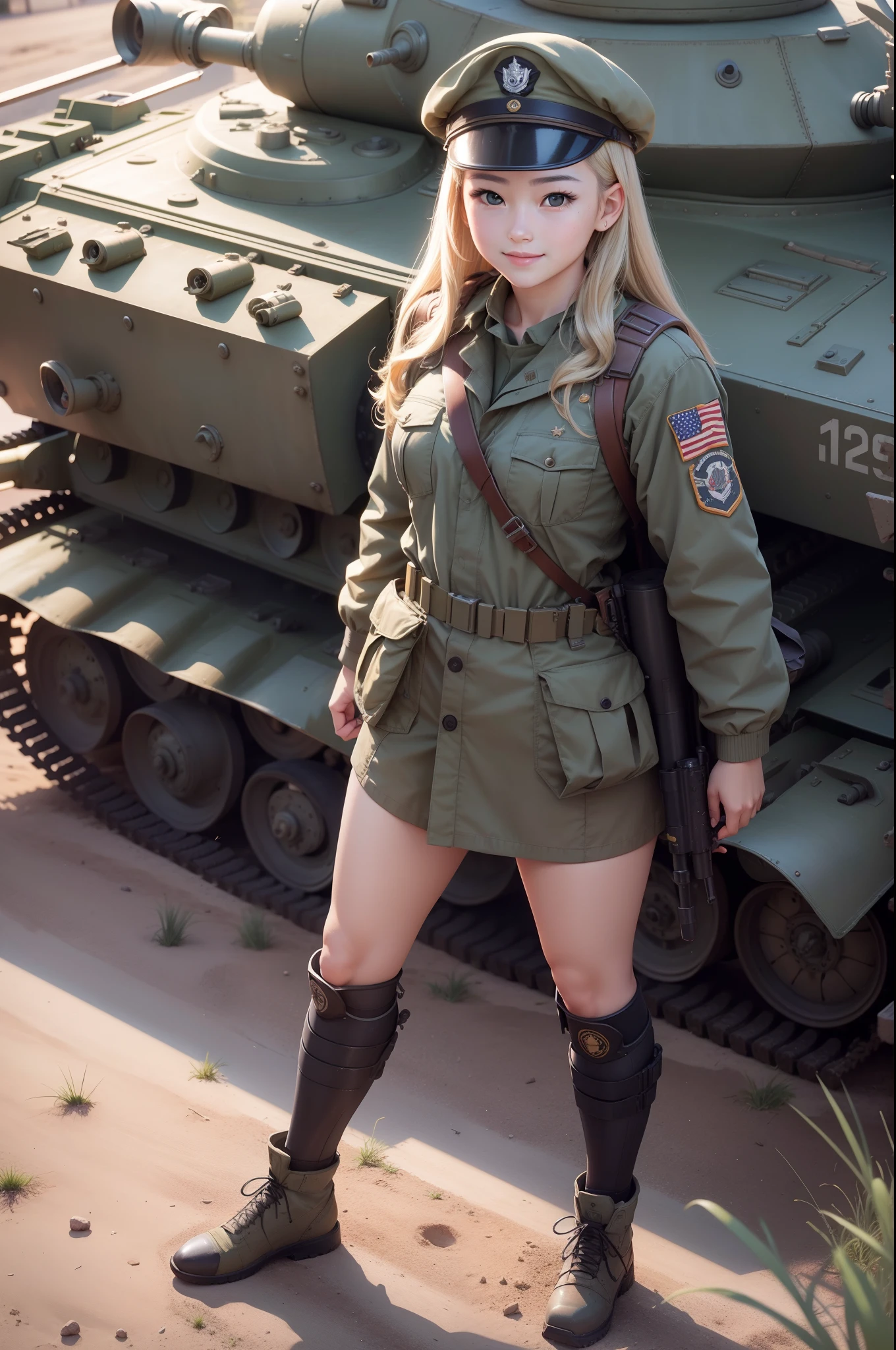 Arafed woman in military uniform posing next to a tank - SeaArt AI