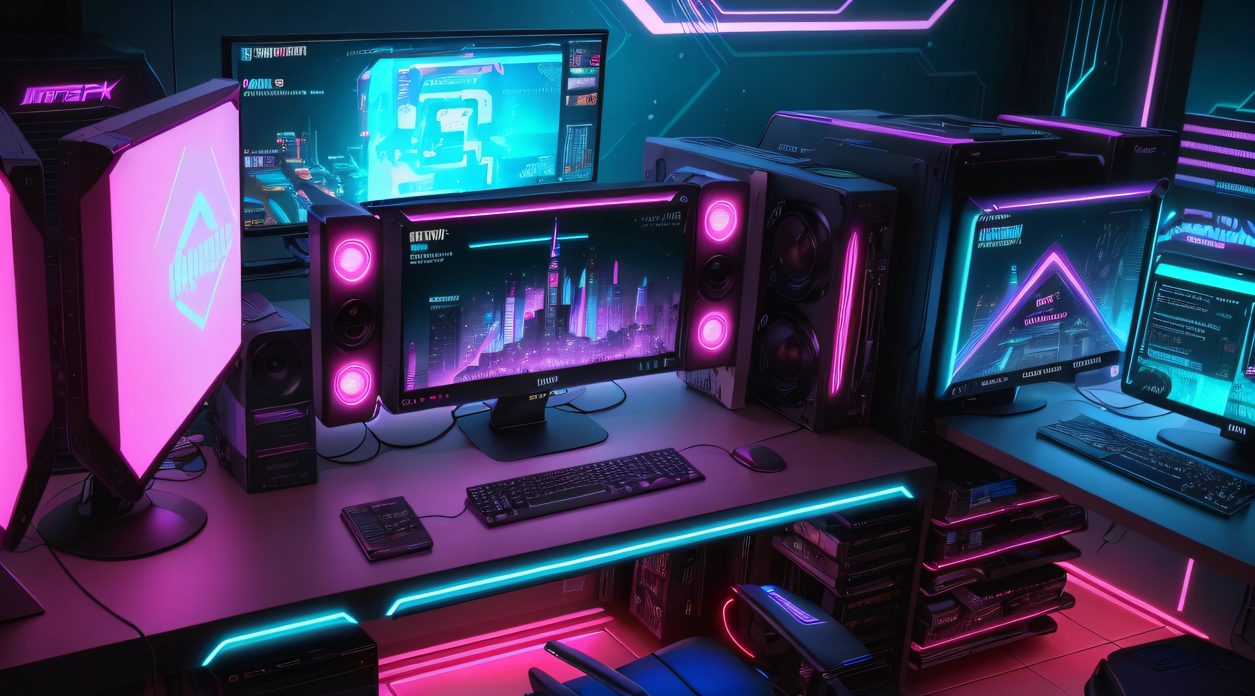 A close up of a desk with a computer and a monitor - SeaArt AI