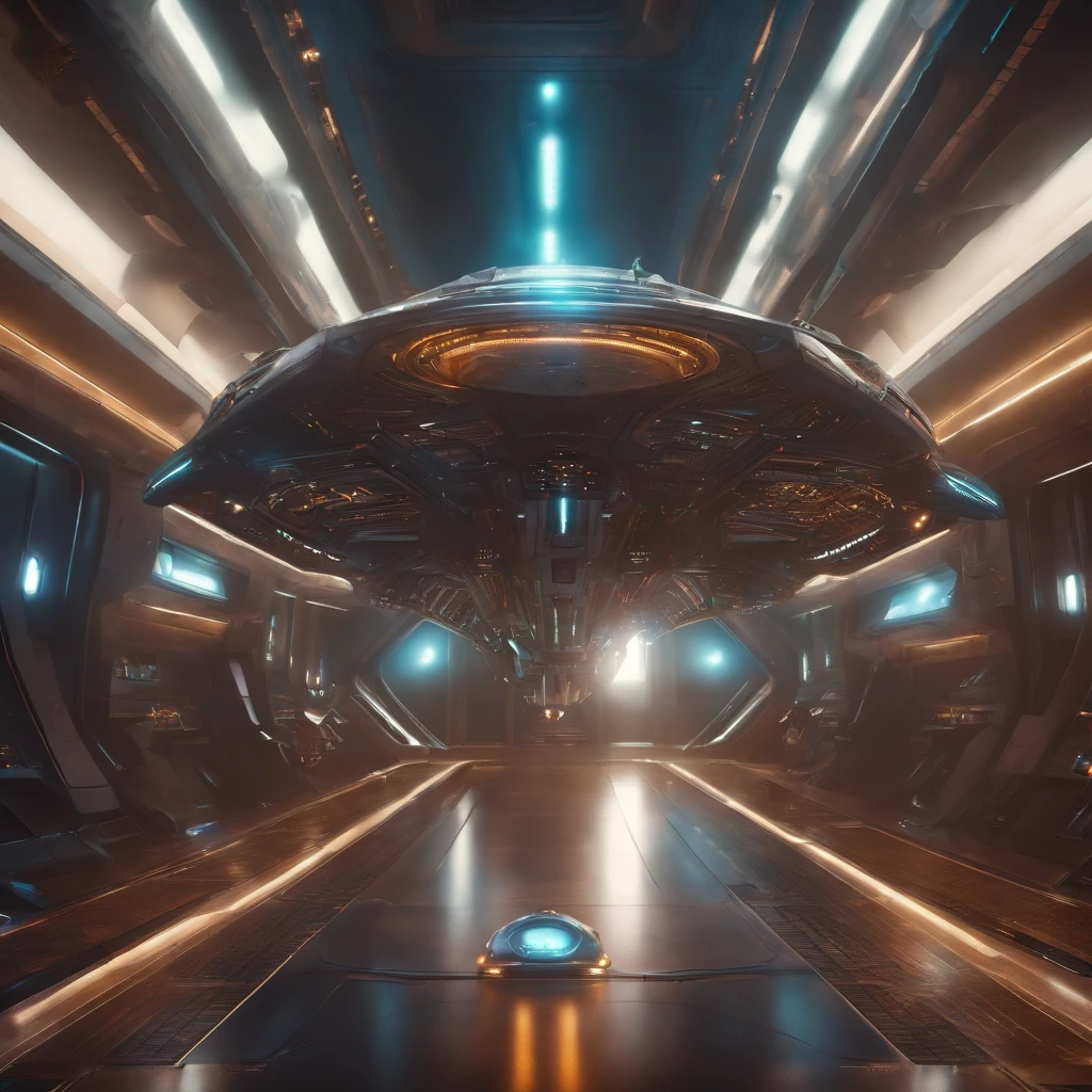 A futuristic spaceship is seen in a futuristic space station - SeaArt AI