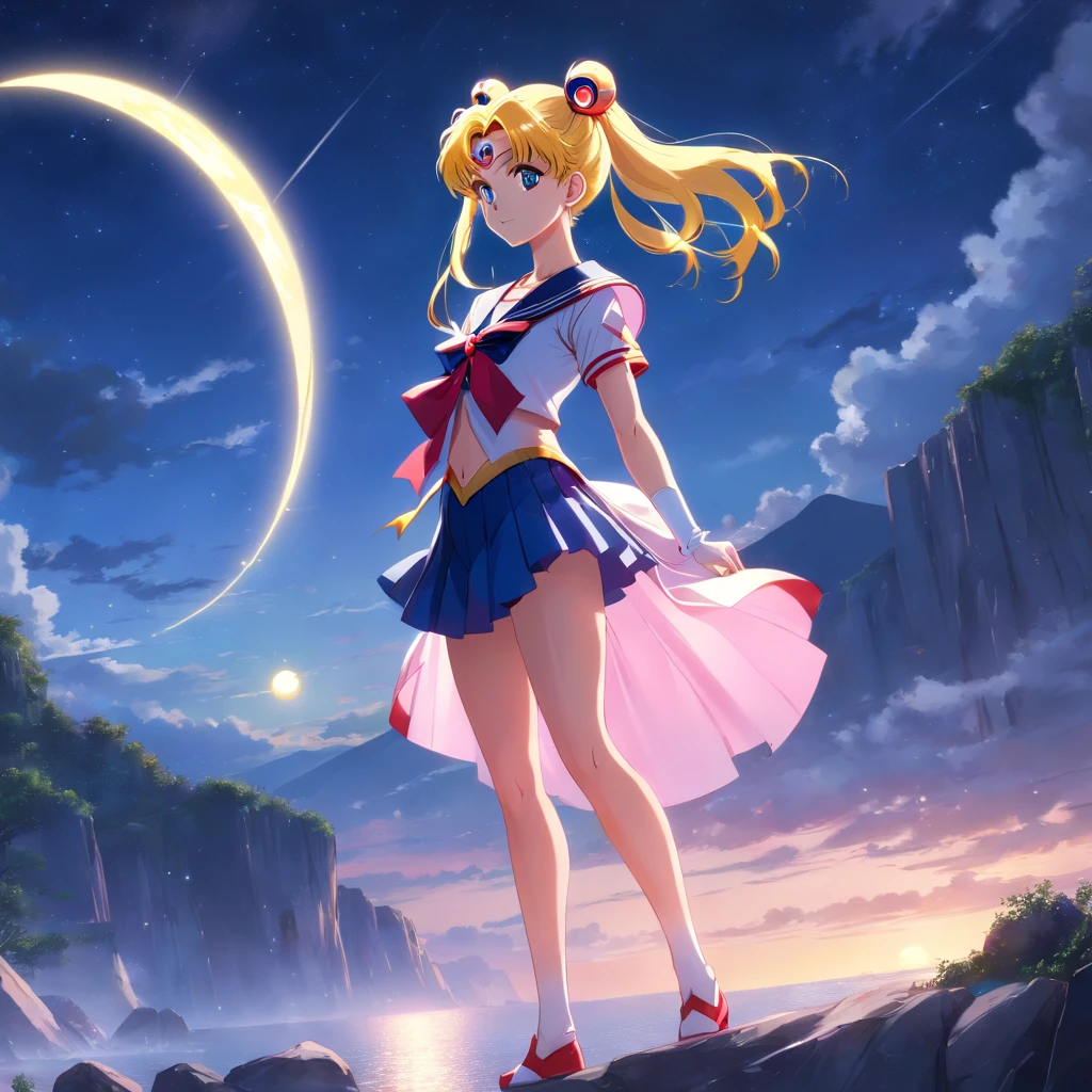 Sailor girl standing on a rock looking at the moon - SeaArt AI