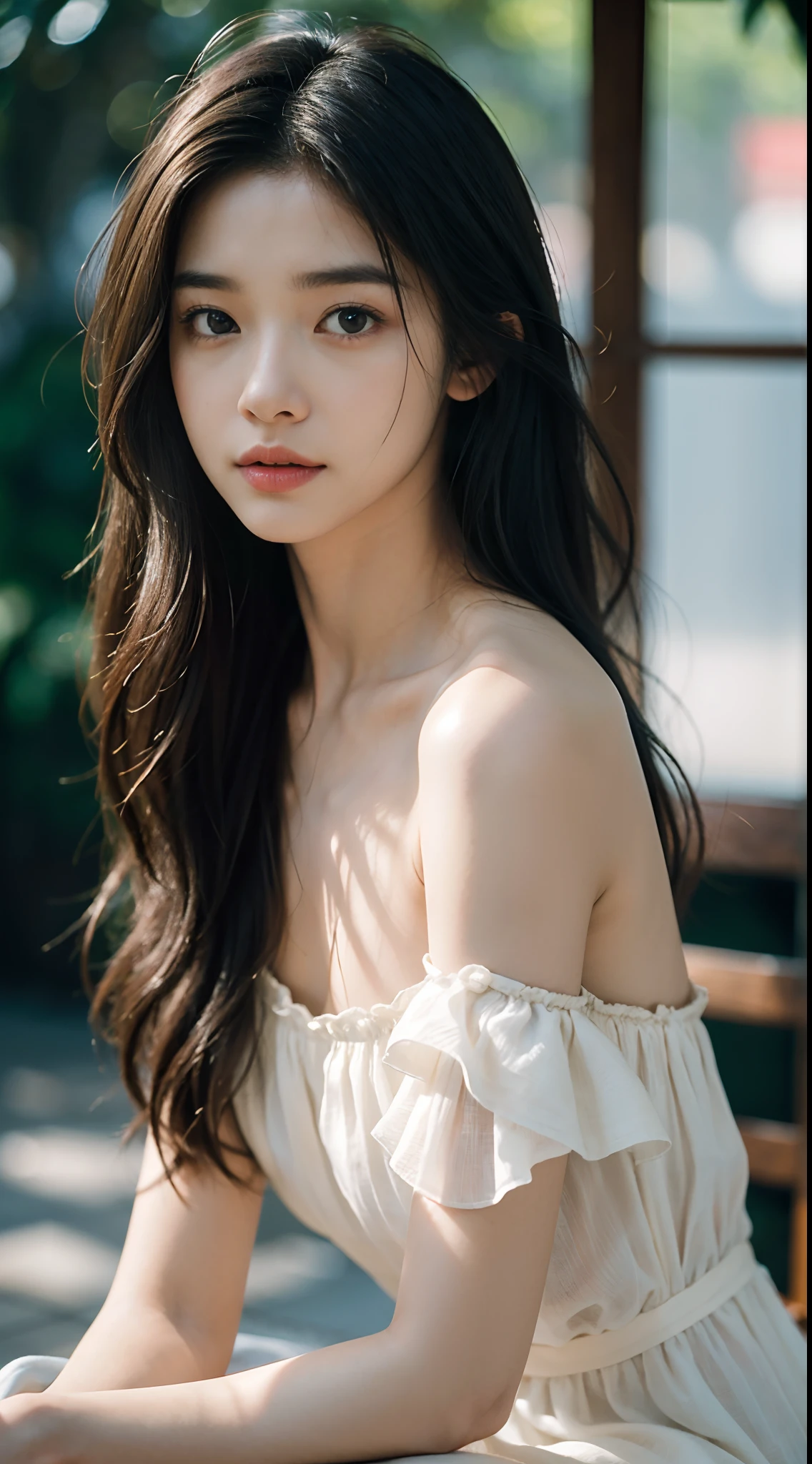 A close up of a woman sitting on a bench with a white dress - SeaArt AI