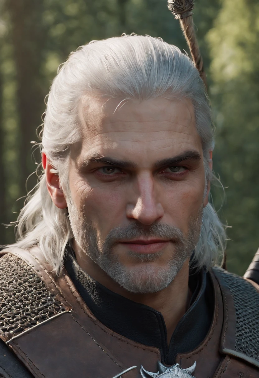 The witch - haired man in a brown outfit stands in front of a forest ...