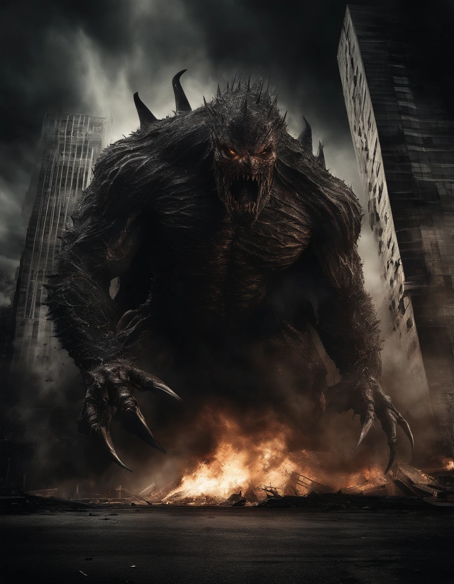 A monster with horns and claws is running through the city - SeaArt AI