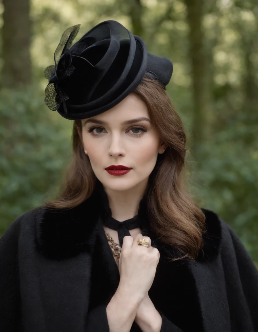 Arafed woman in a black coat and hat posing for a picture - SeaArt AI