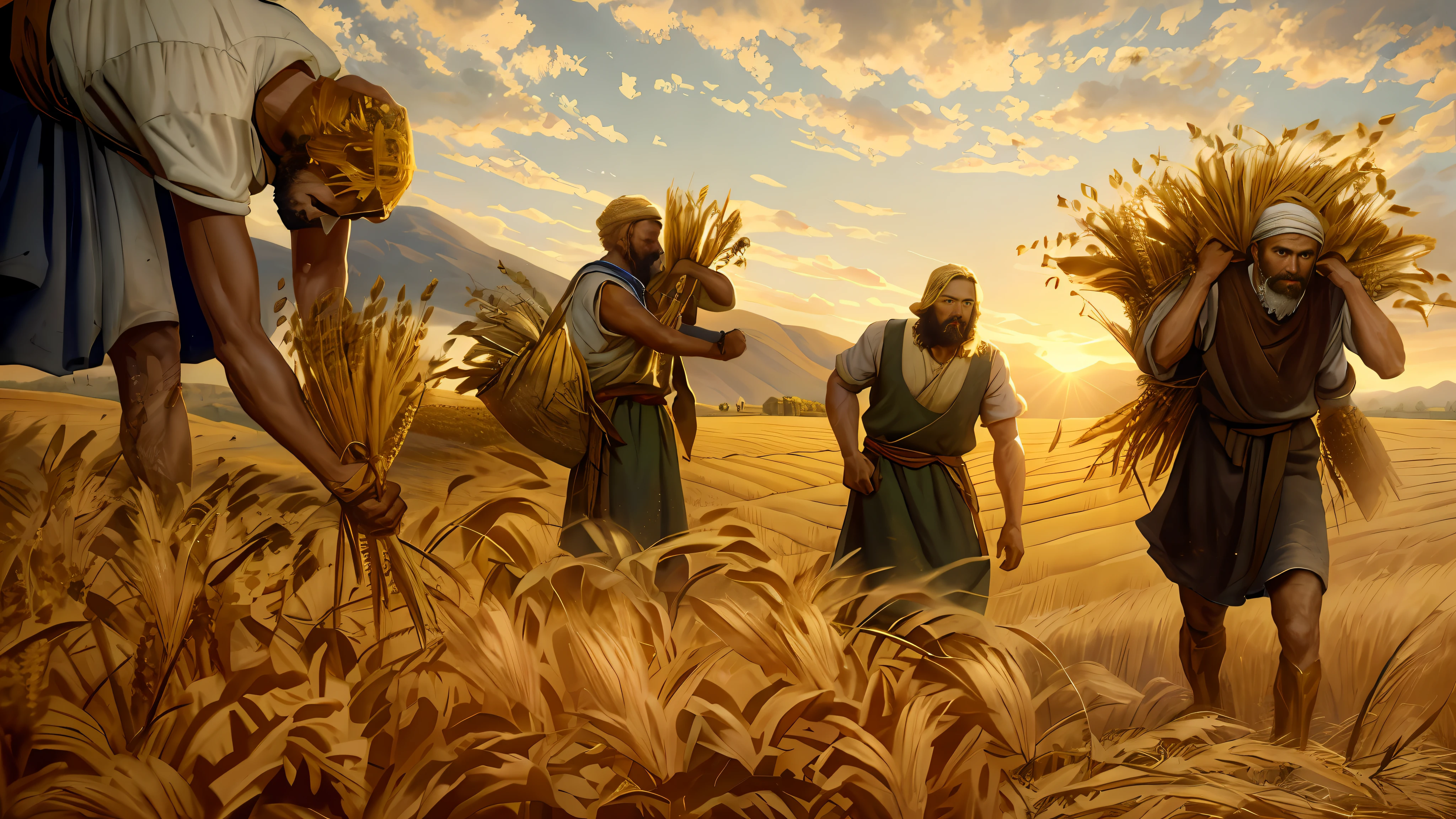 Arafed image of a group of men carrying wheat in a field - SeaArt AI