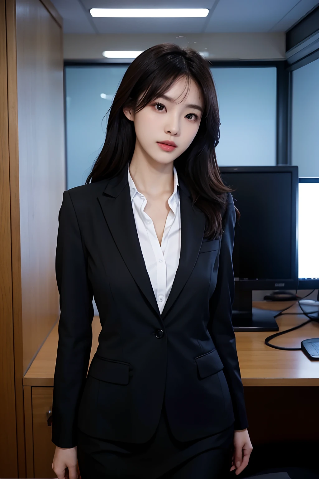 Arafed woman in a black suit standing in front of a computer - SeaArt AI