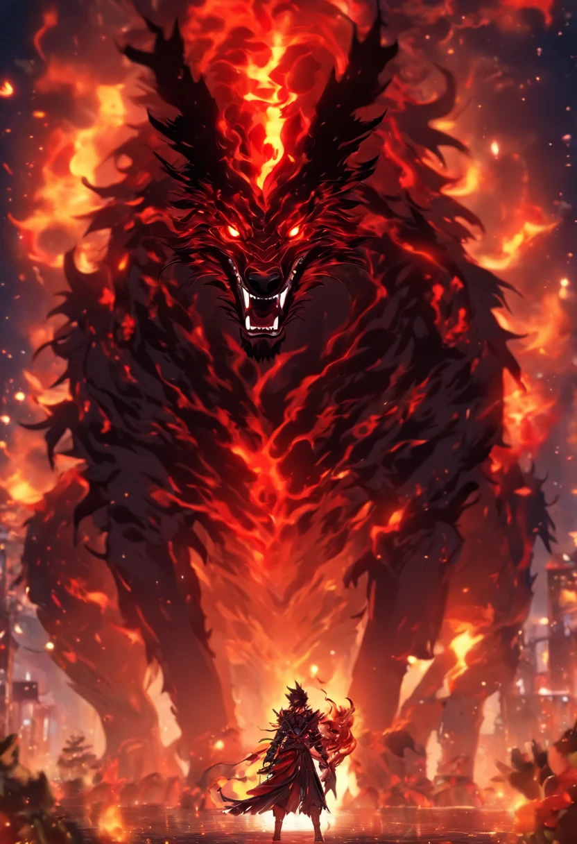 A demonic demon with a sword and a fire in the background - SeaArt AI