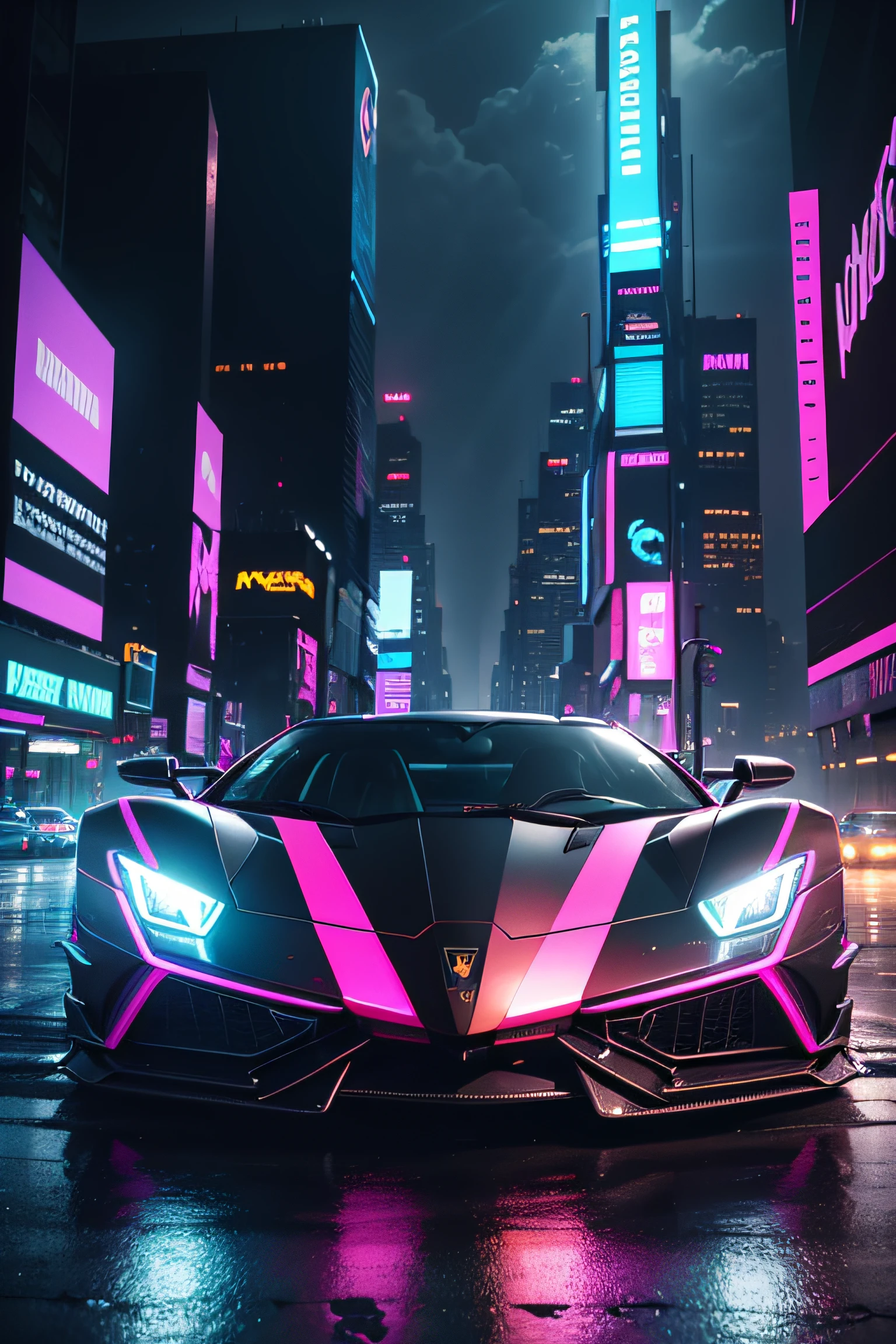 A pink and black lamb car in the middle of a city at night - SeaArt AI