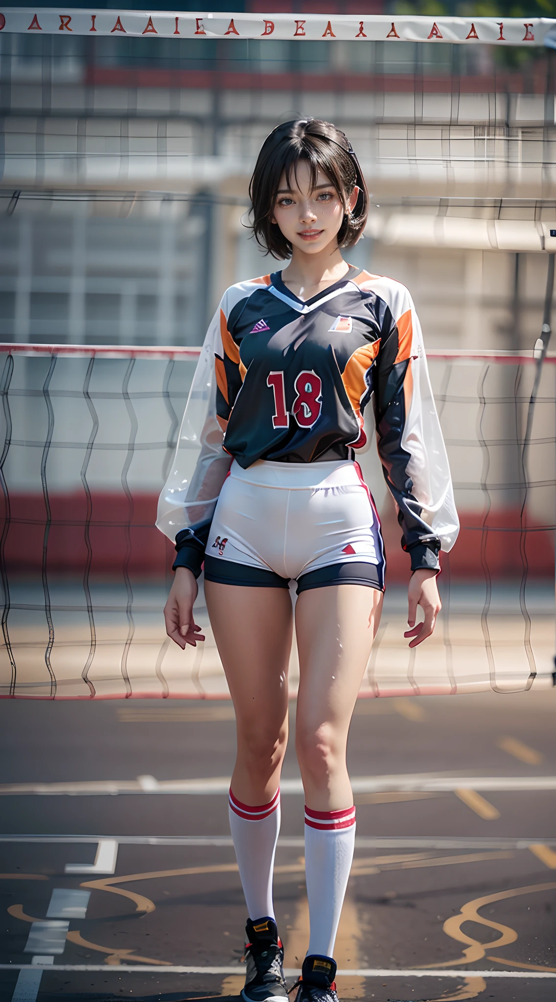Arafed woman in a uniform standing in front of a volleyball net - SeaArt AI