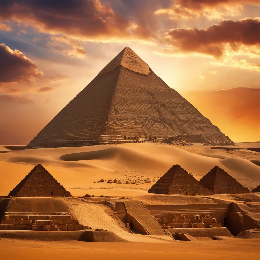 Arafed pyramids in the desert with a sunset in the background - SeaArt AI