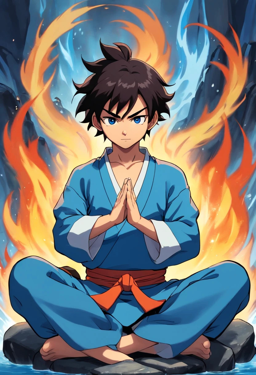 A cartoon character sitting in front of a fire with his hands crossed ...