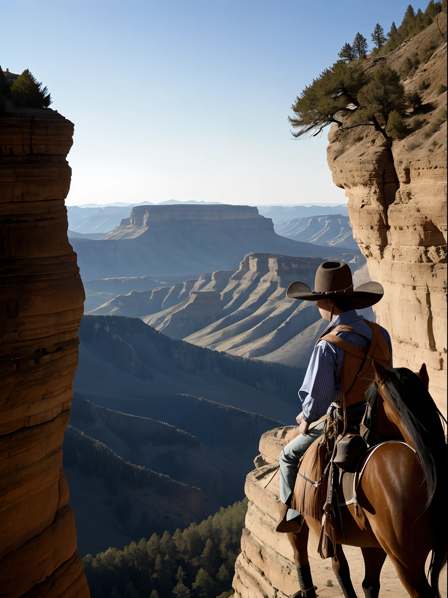 Araffe riding a horse on a cliff overlooking a canyon - SeaArt AI
