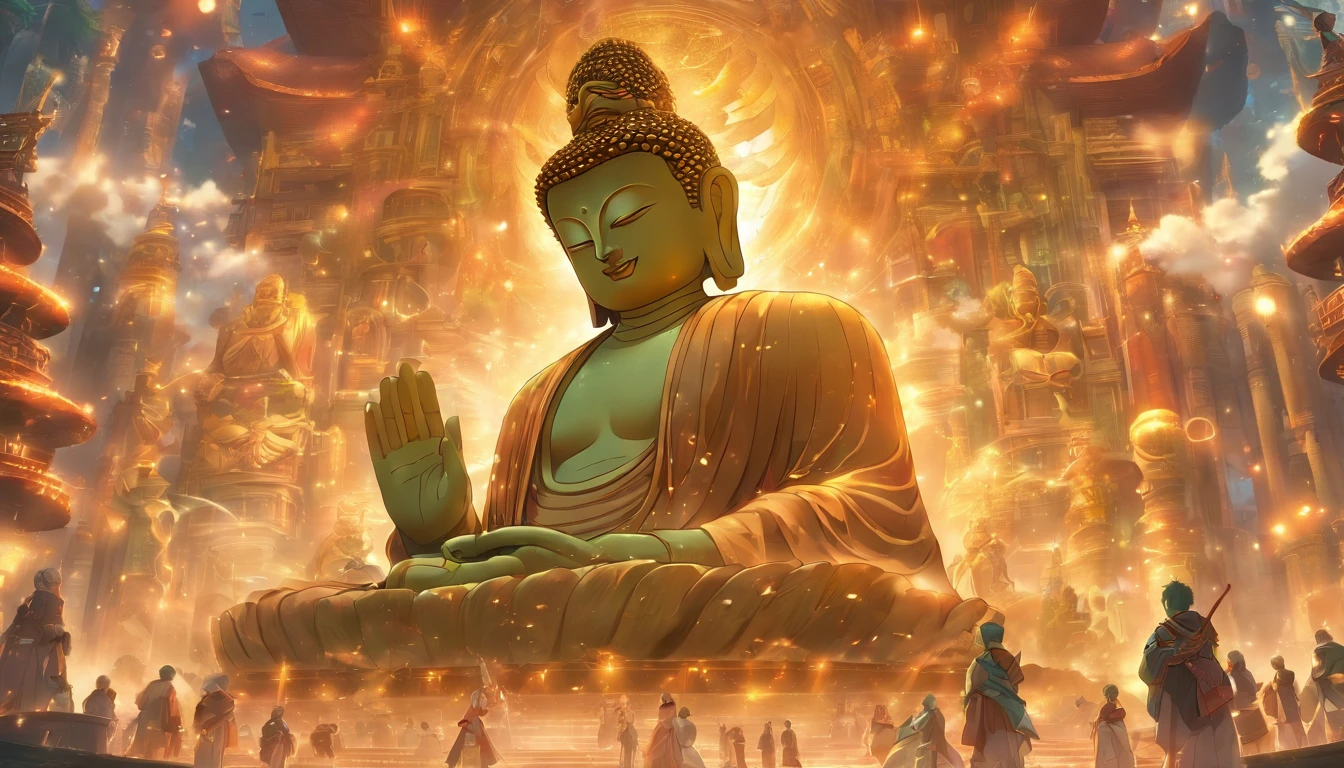 Buddha statue in a temple with many people around it - SeaArt AI
