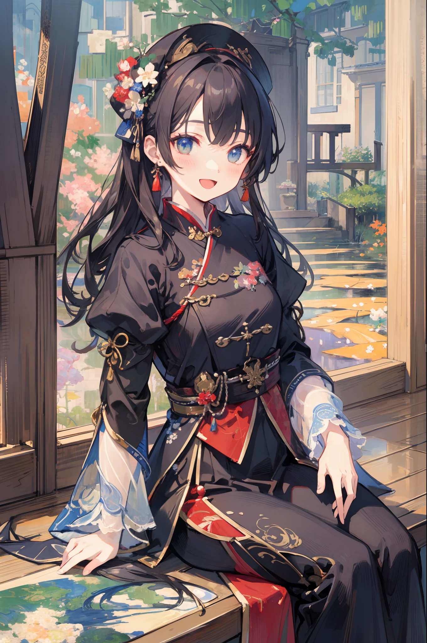 A woman in a black dress sitting on a bench with a flower in her hair ...