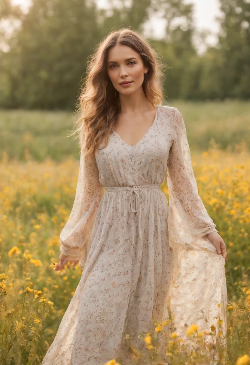 A woman in a dress standing in a field of flowers - SeaArt AI