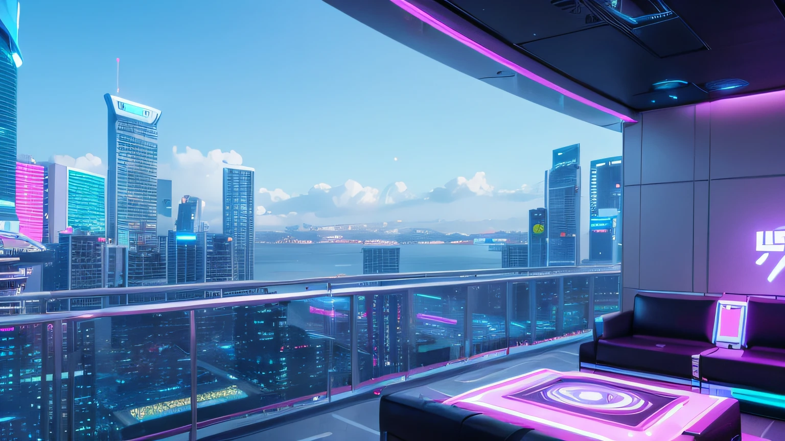 Arafed view of a city skyline with a couch and a table - SeaArt AI