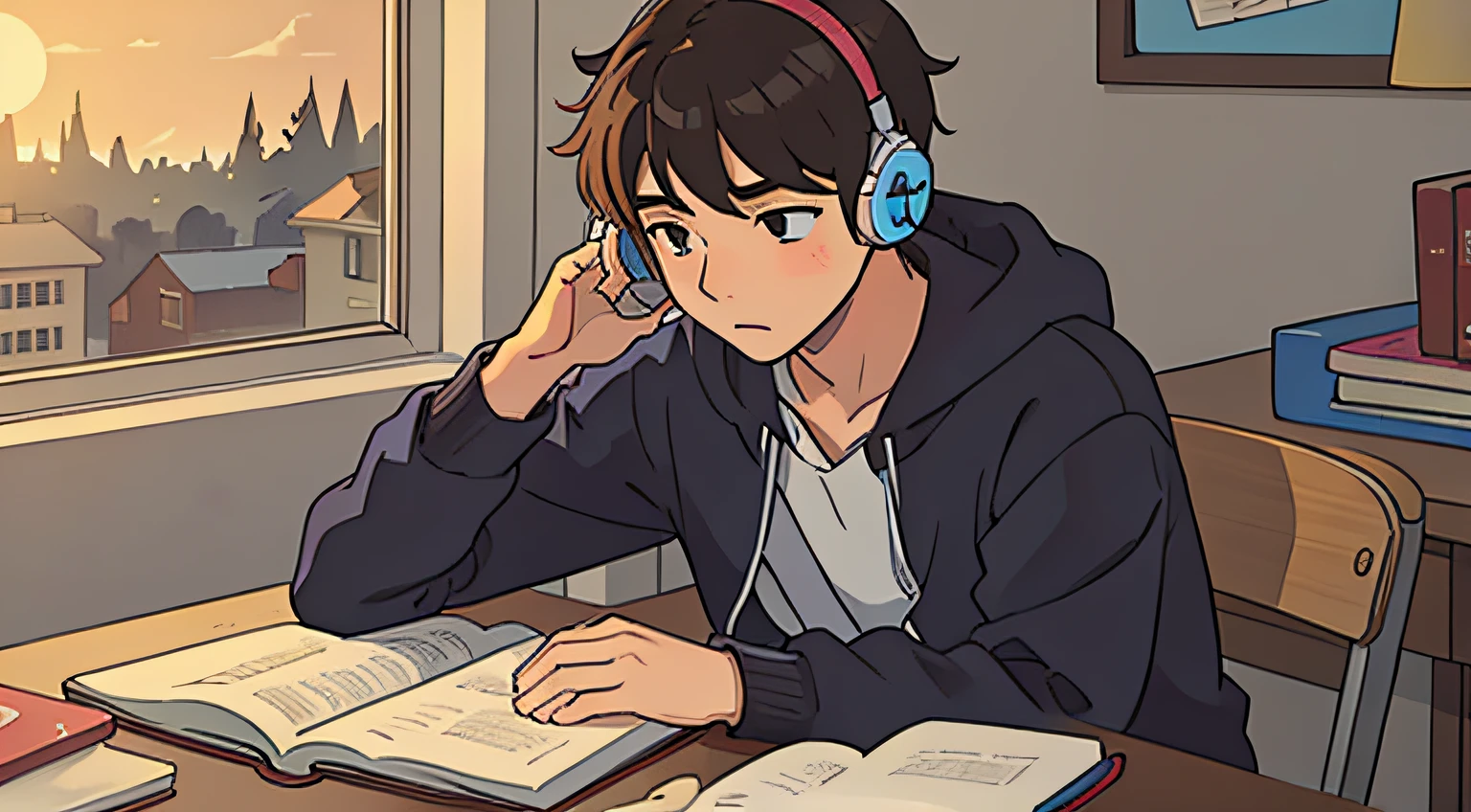 Anime boy with headphones on reading a book while listening to music ...