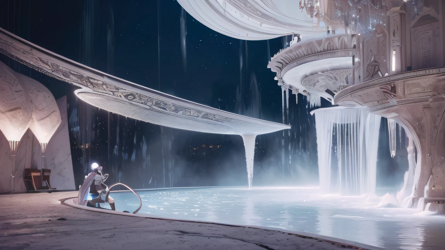 There is a man riding a bike in a fountain with water - SeaArt AI