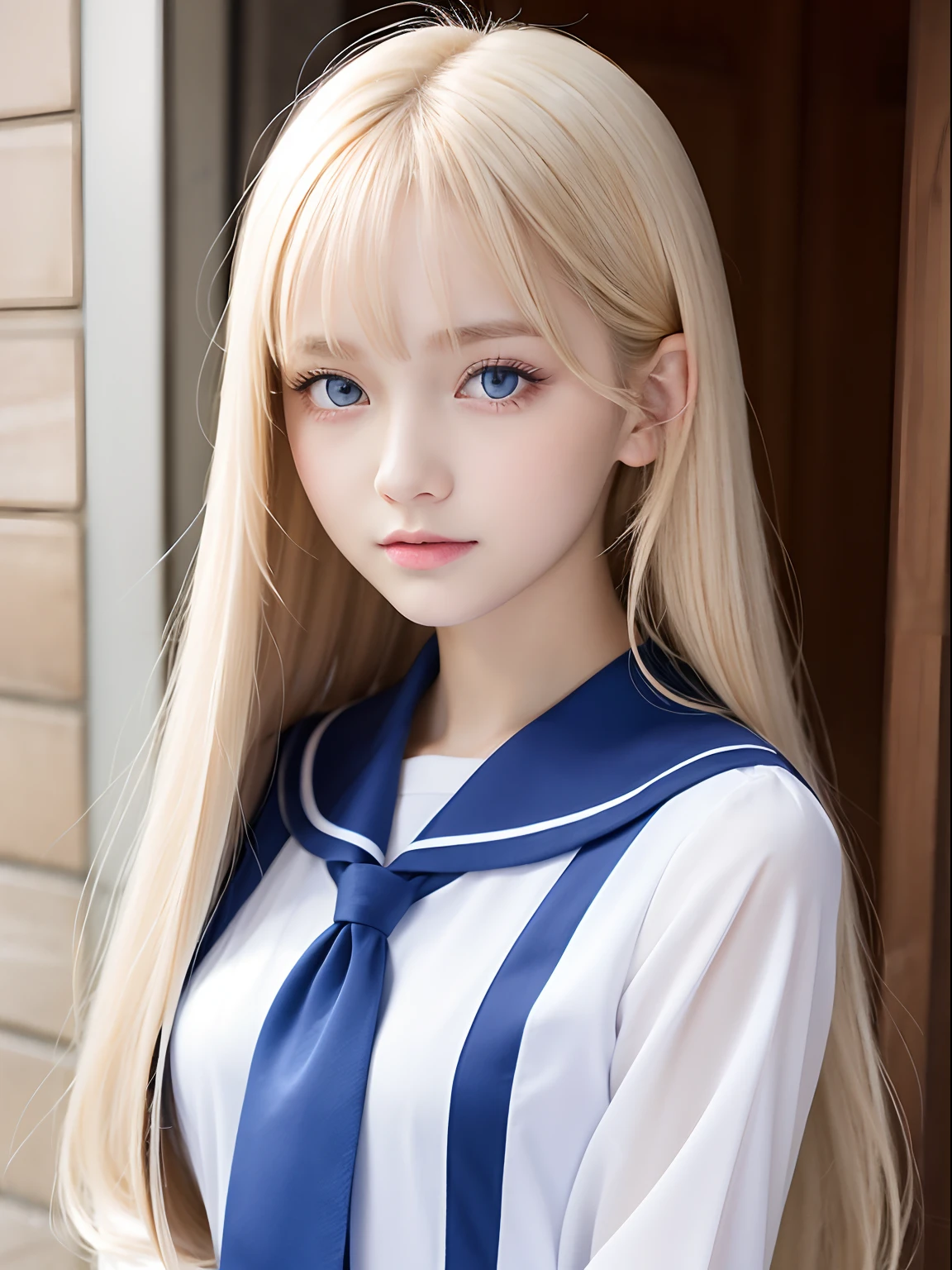 A close up of a woman with long blonde hair wearing a sailor outfit - SeaArt AI