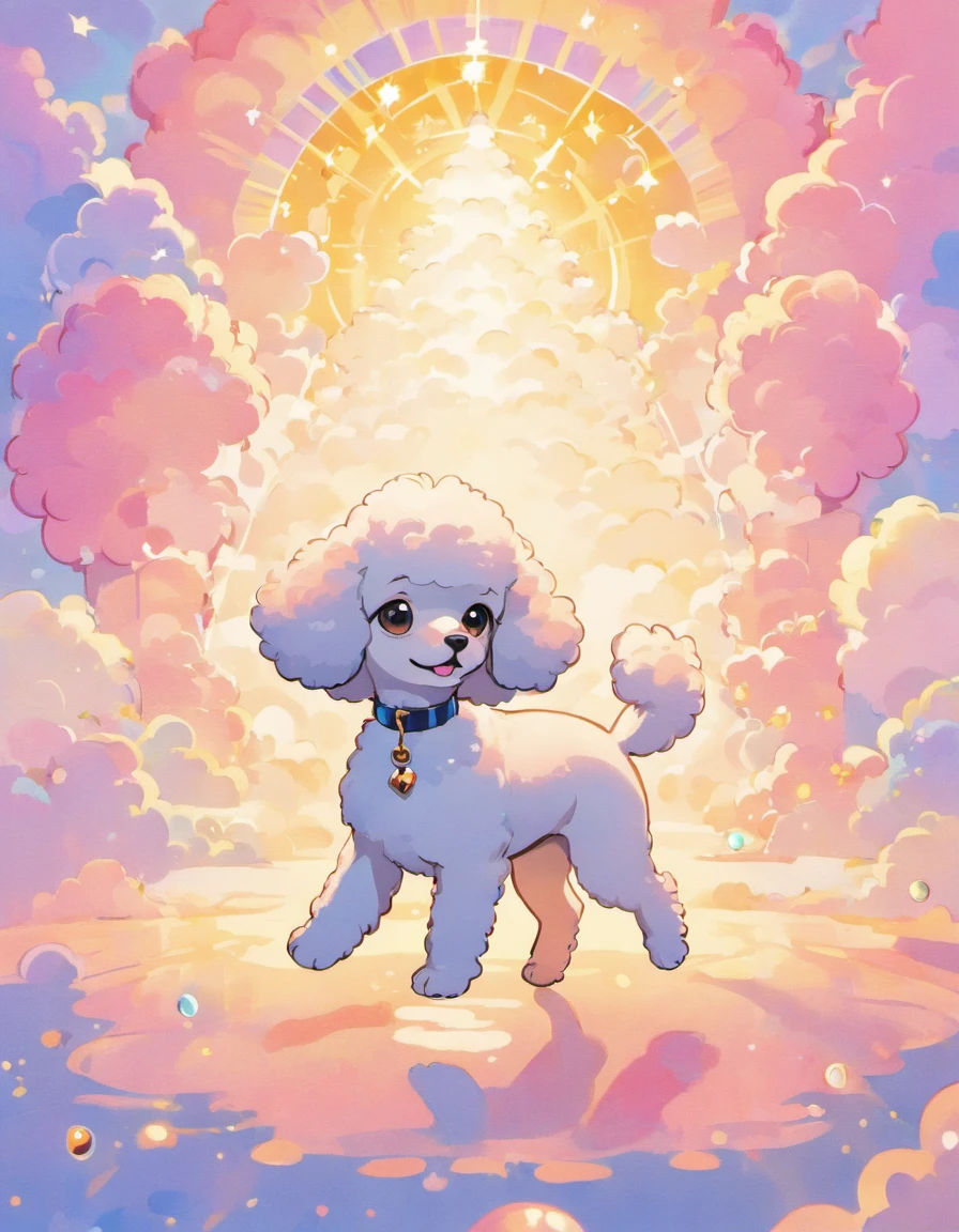 A white poodle standing in the clouds with a sun in the background ...