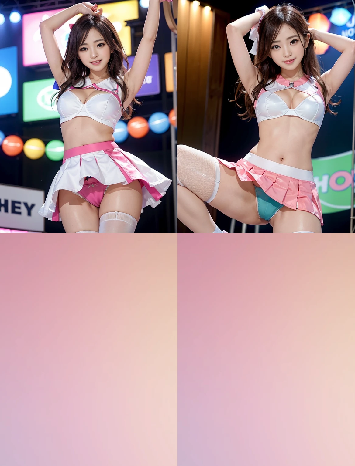 AKB アイドル、(カラフルな応援衣装、マイクロミニスカート、パンティーを履いた)、(pantyshot:1.3)、脚を開いてパンティーを見せるポーズ - SeaArt AI