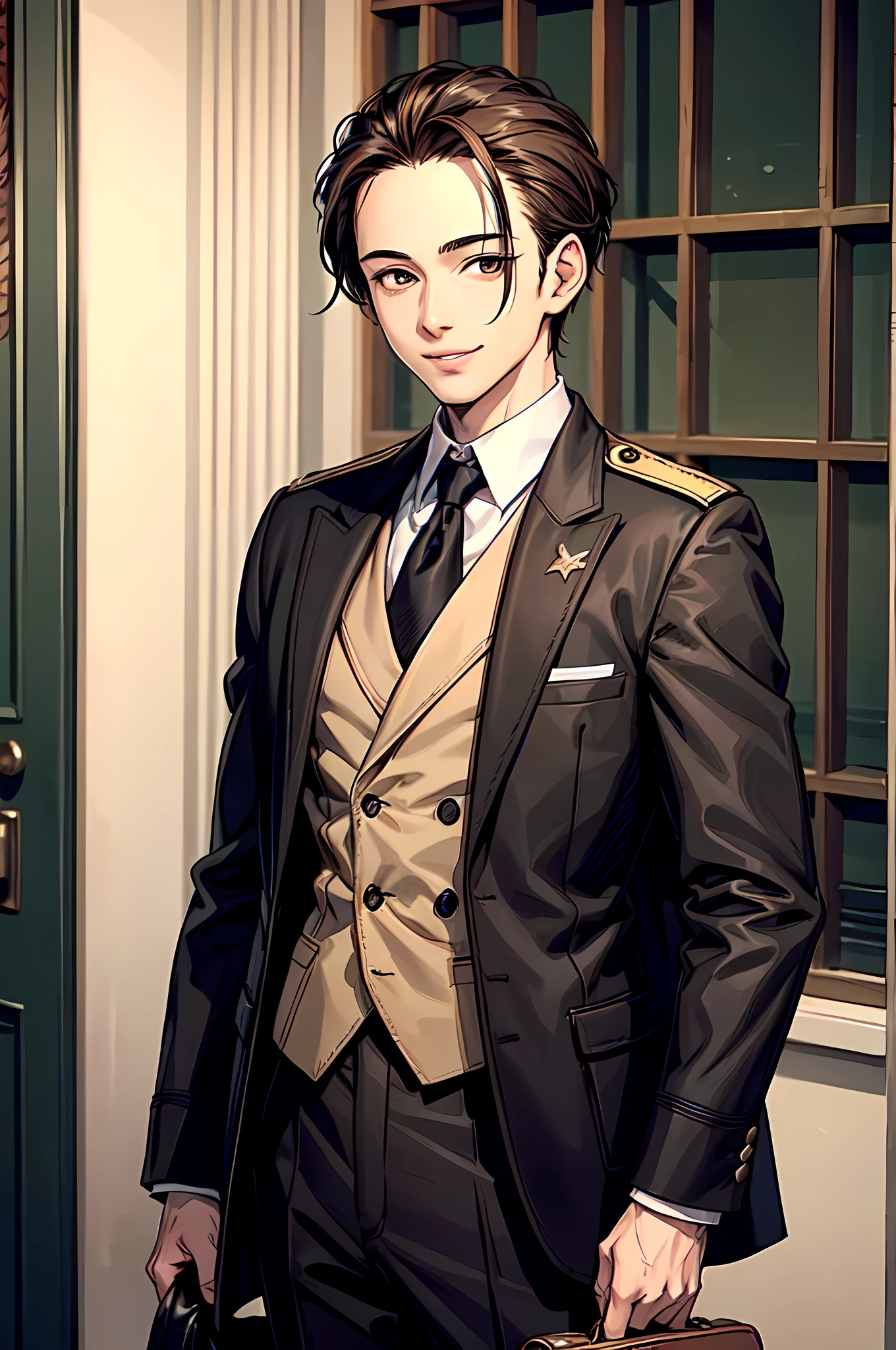 Anime man in suit and tie holding a briefcase in front of a door ...