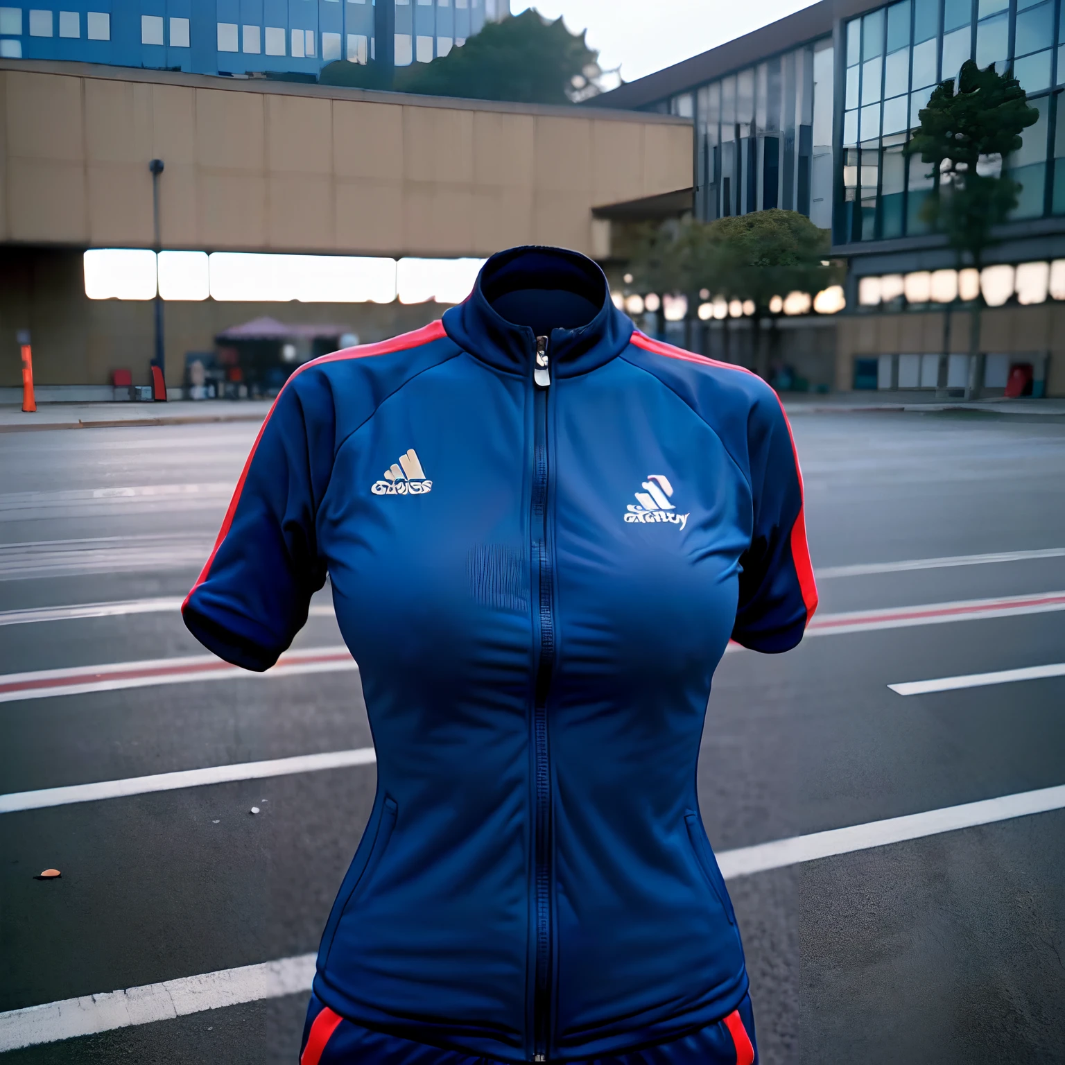 Arafed woman in a blue and red jacket standing in a parking lot - SeaArt AI