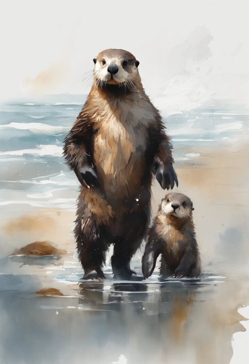 Painting of a mother otter and her baby standing in the water - SeaArt AI