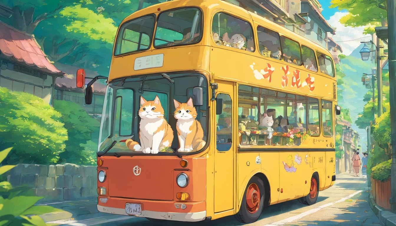 Anime scene of a yellow double decker bus with two cats on the front ...