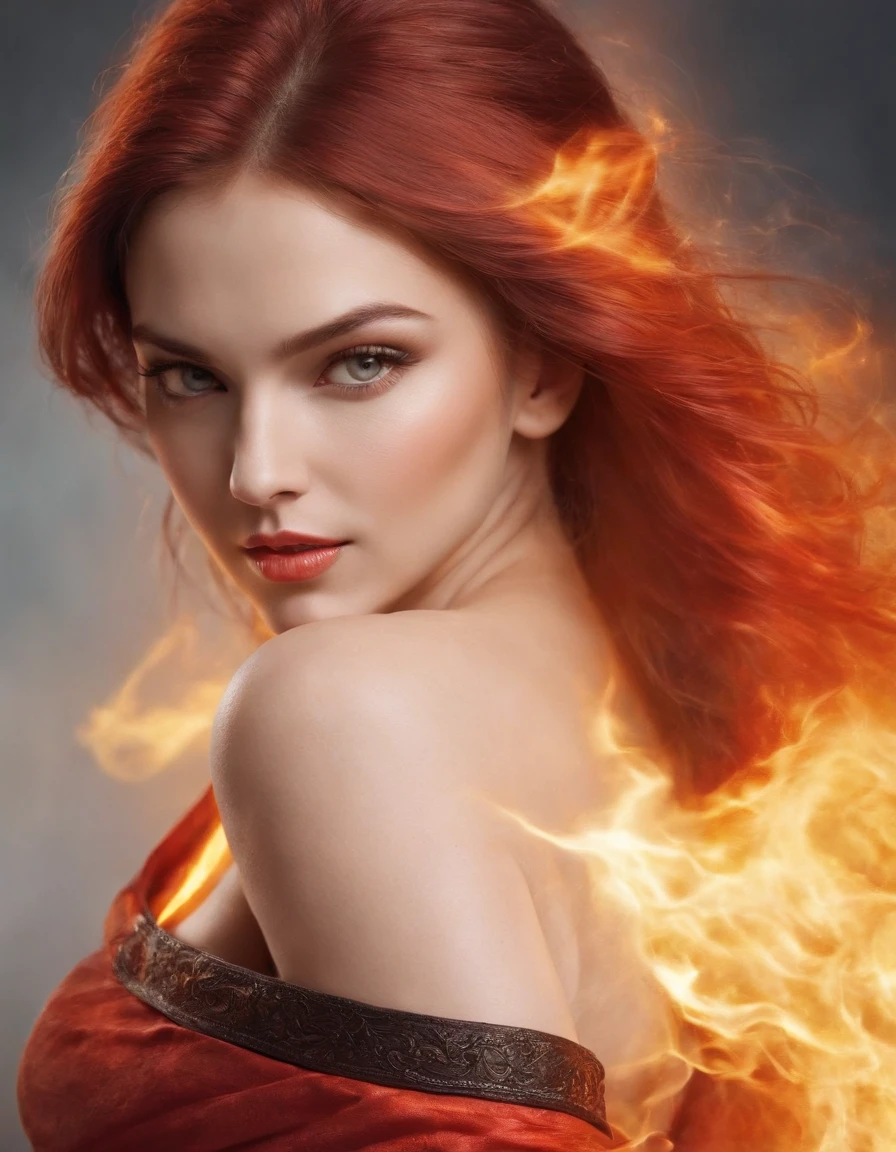 A woman with red hair and a red dress is in flames - SeaArt AI