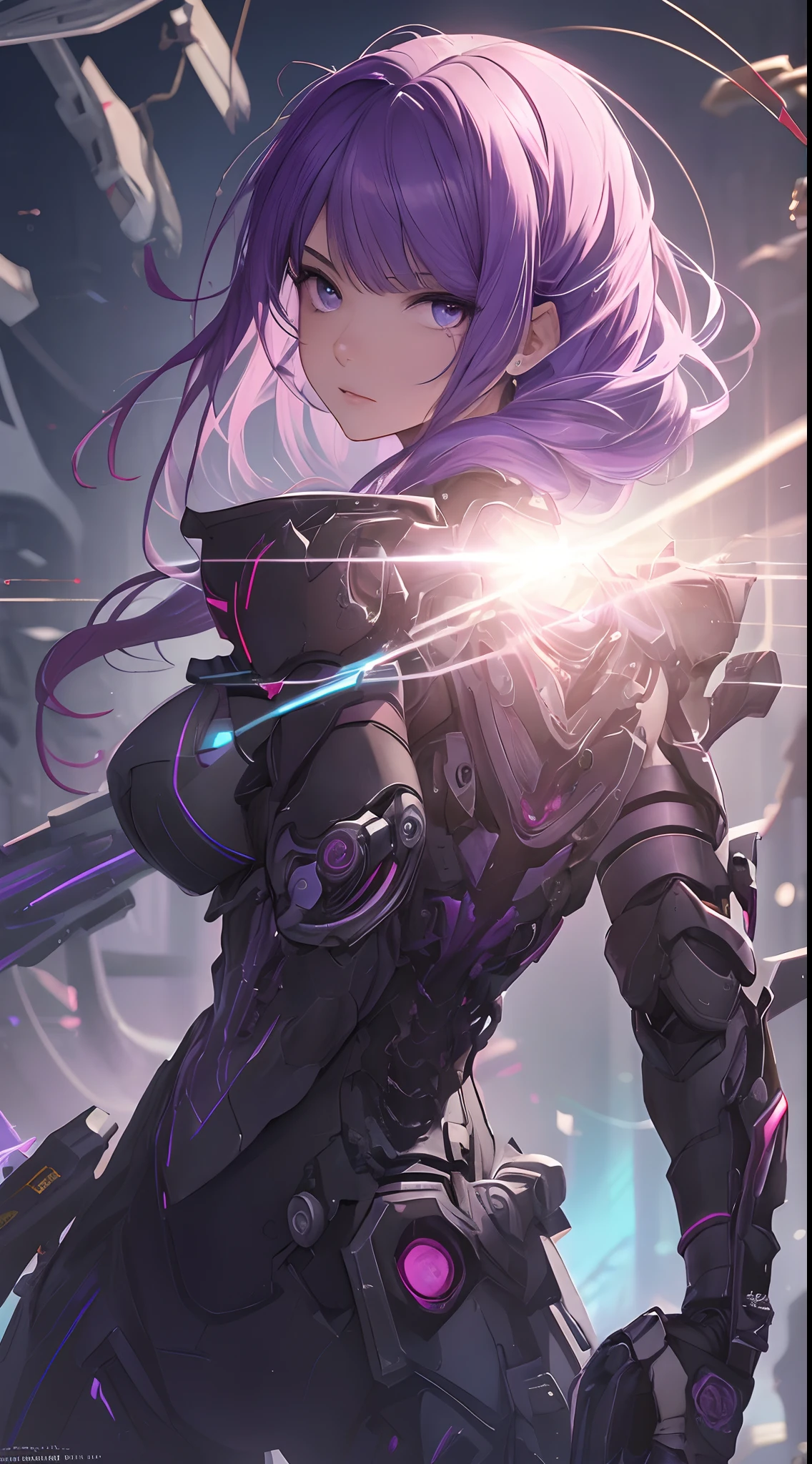 A woman with purple hair and a purple outfit holding a sword - SeaArt AI