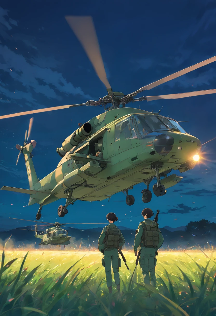 Anime scene of two soldiers standing in front of a helicopter - SeaArt AI