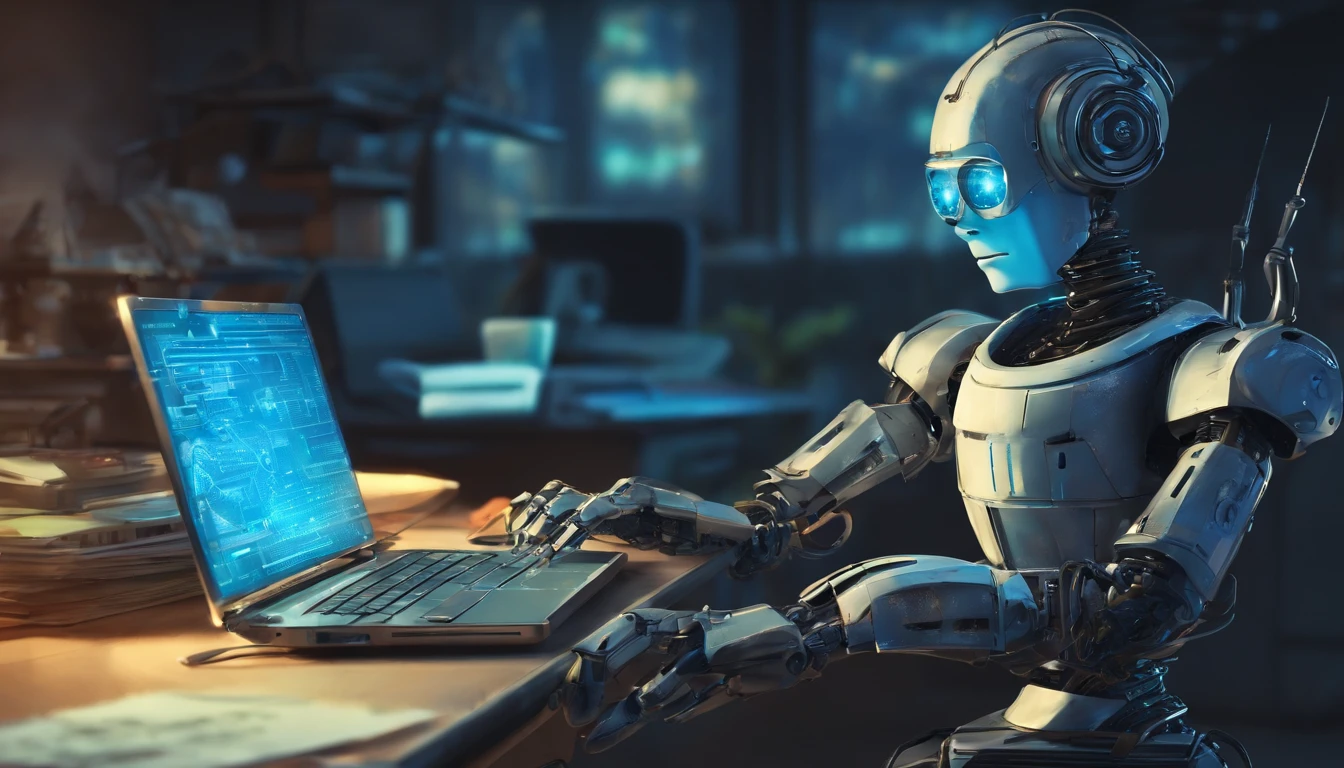 A close up of a robot sitting at a desk with a laptop - SeaArt AI