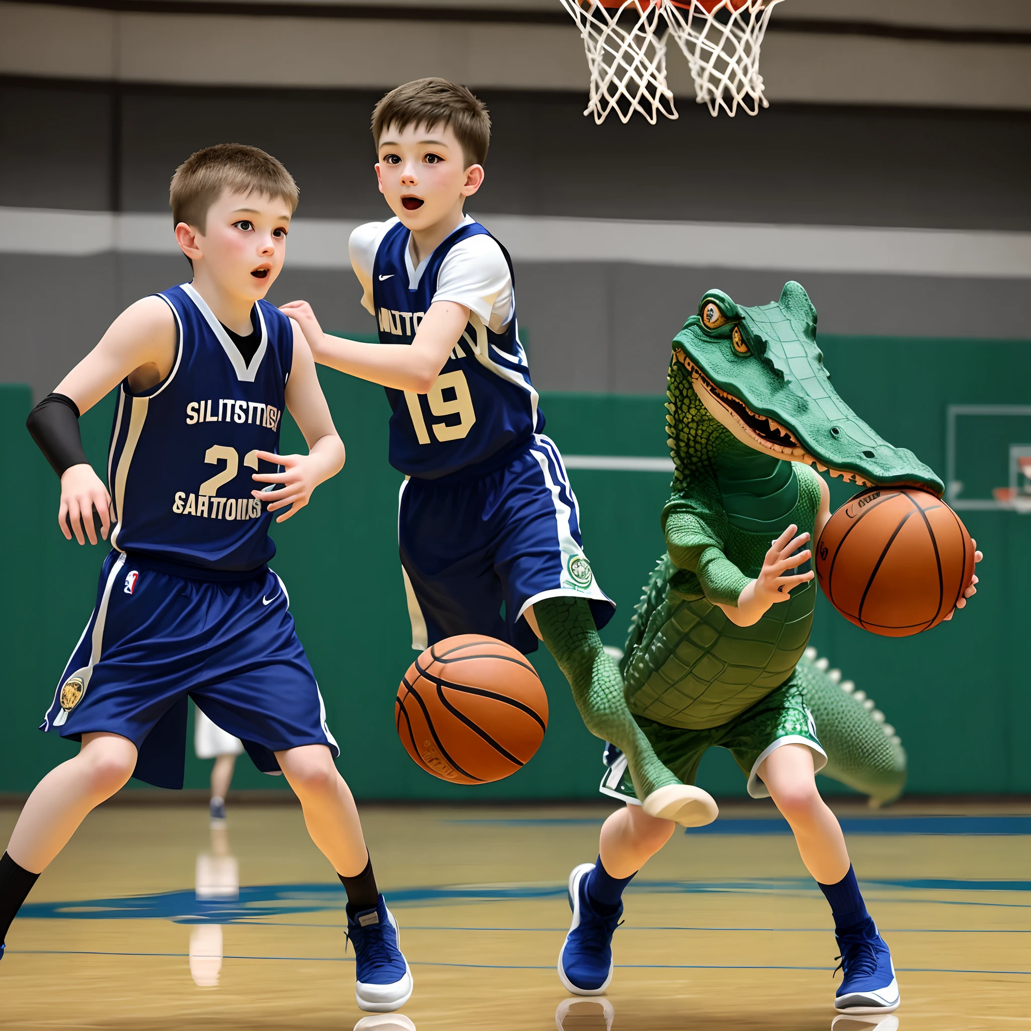 Boys in blue uniforms playing basketball with a green alligator - SeaArt AI